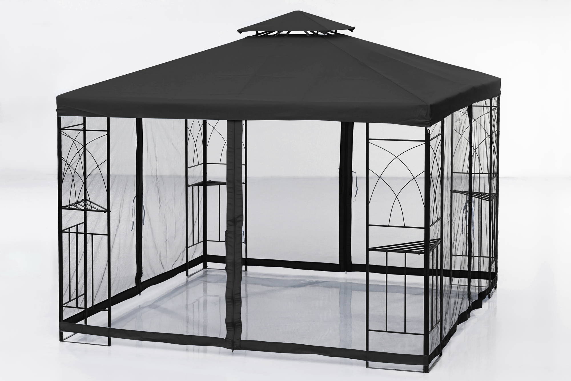 Paviljonki Barcelona teräs musta 3x3 m Mustat hyttysverkot ja ...