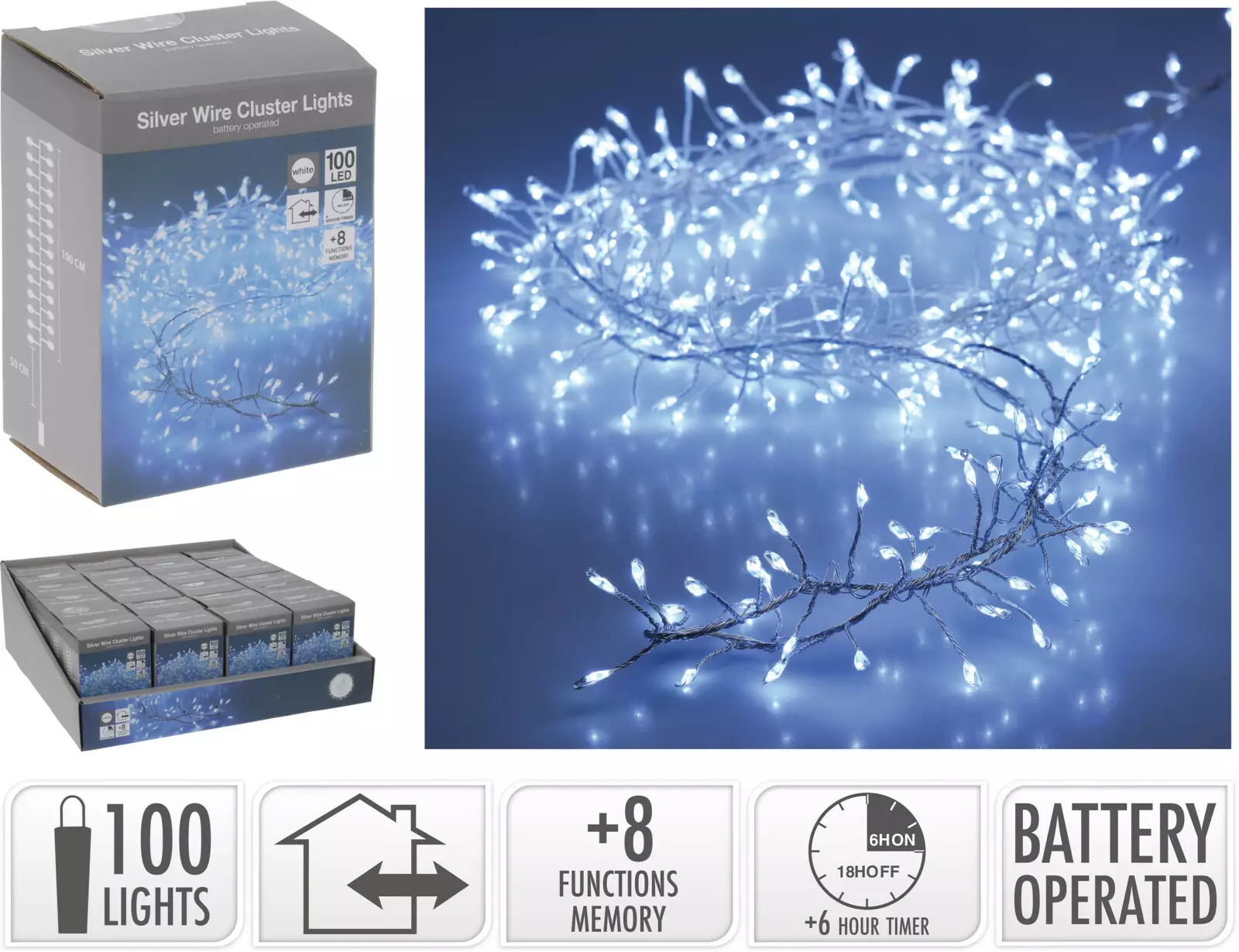 Hopealanka led-valosarja 100 kylmänvalkoista lediä, paristokäyttöinen ...